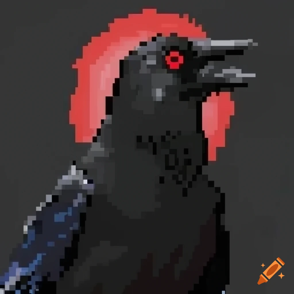 Pixel art of a crow with a big red eye on Craiyon
