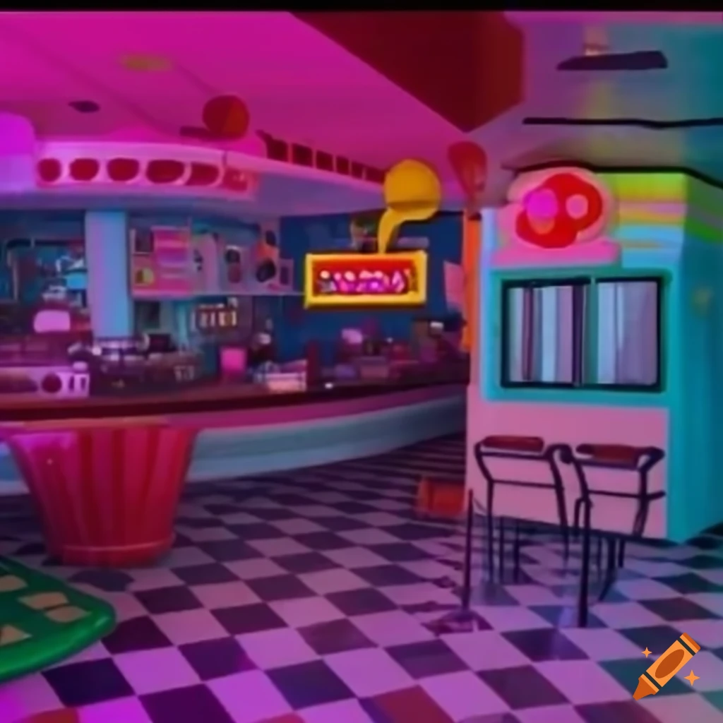 Artistic representation of an 80's diner liminal space on Craiyon