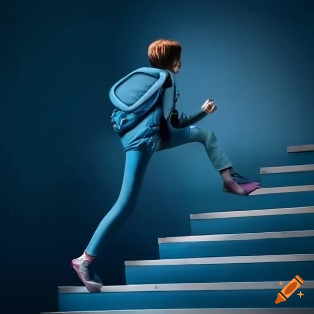 Motivated student climbing stairs