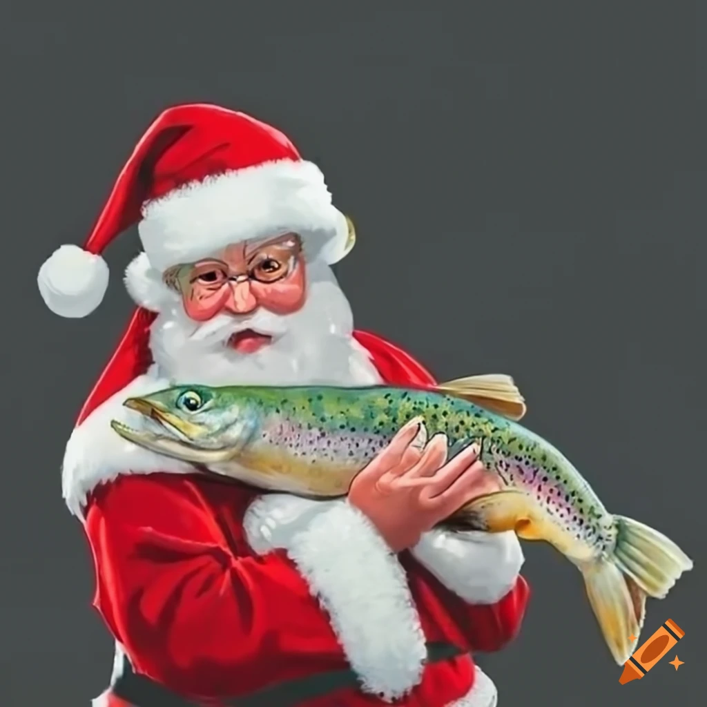 Funny image of a trout dressed as santa claus