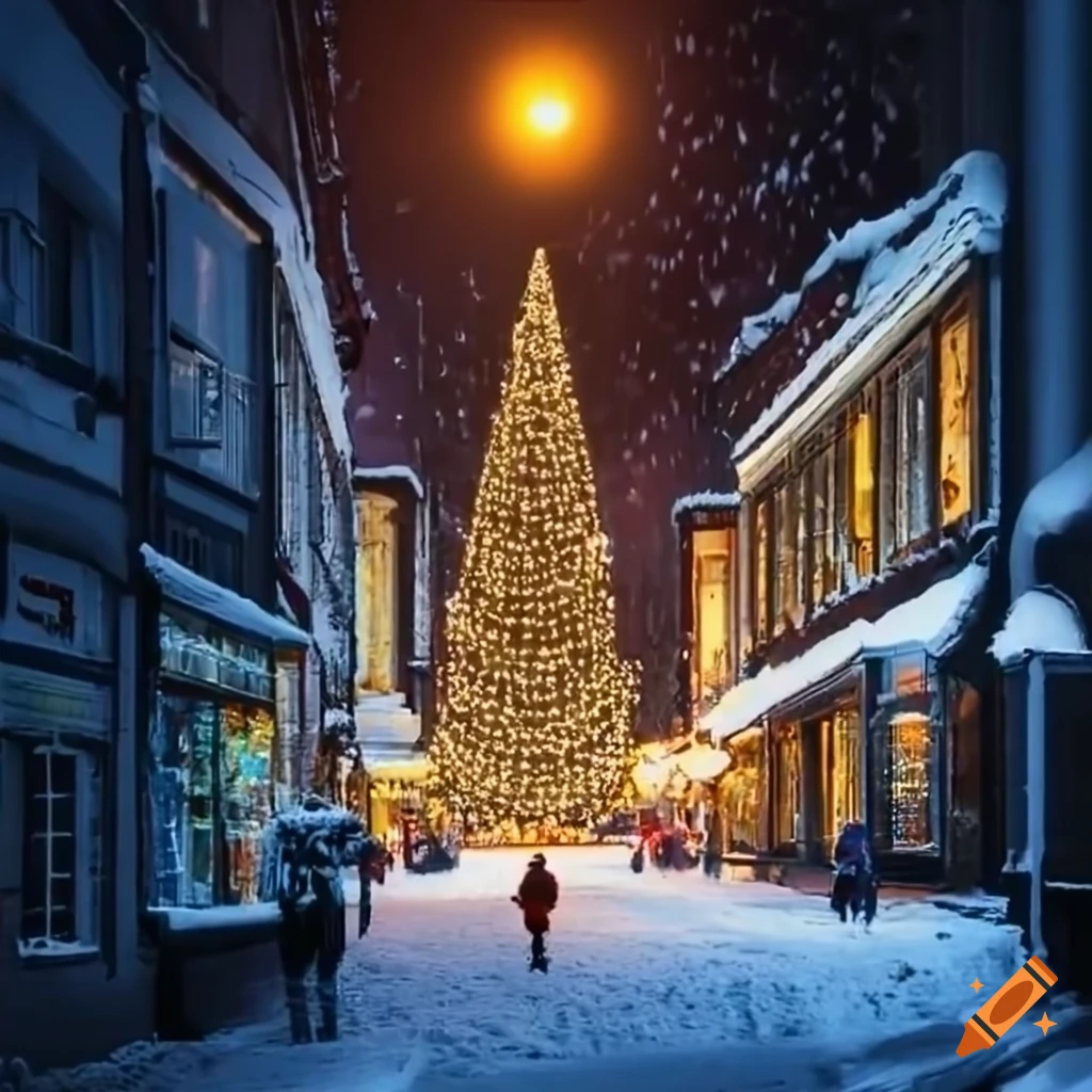 Nighttime winter street with Christmas decorations on Craiyon