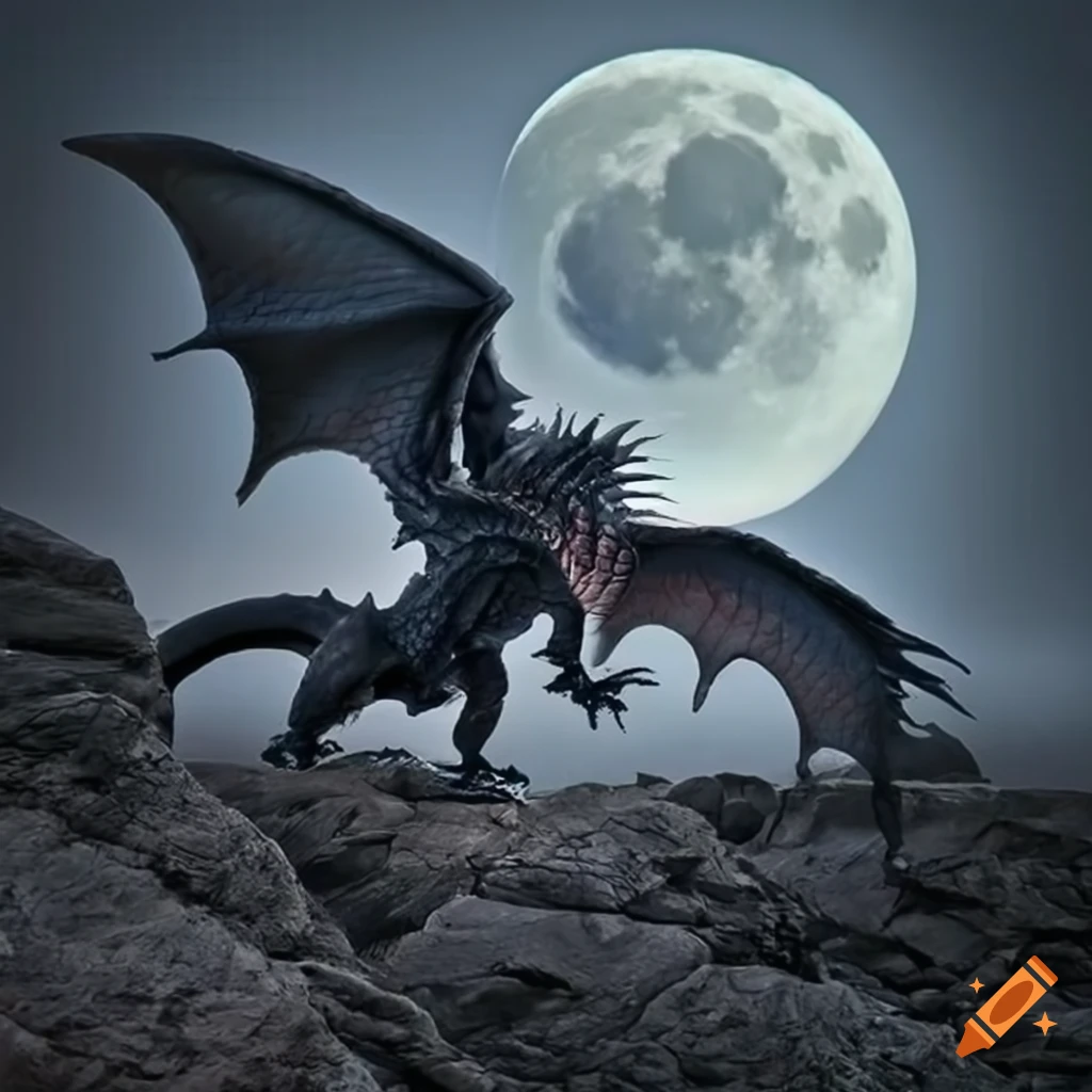 Moonlit black dragon overlooking a landscape