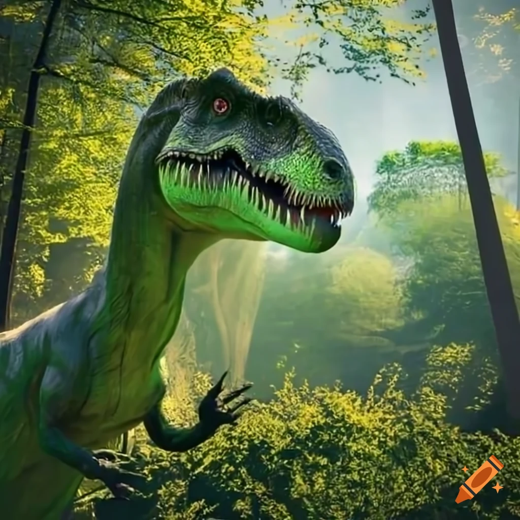 Illustration of a green T-Rex in tall vegetation on Craiyon