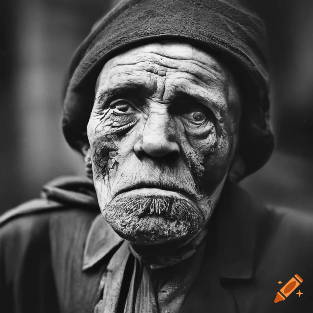 Black and white photo of a poor man in medieval paris