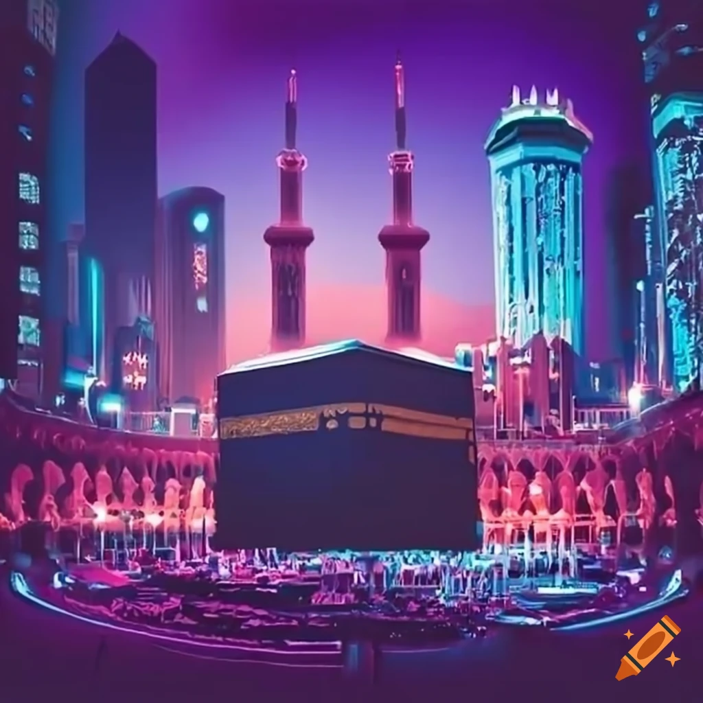 Neon cityscape with kaaba silhouette