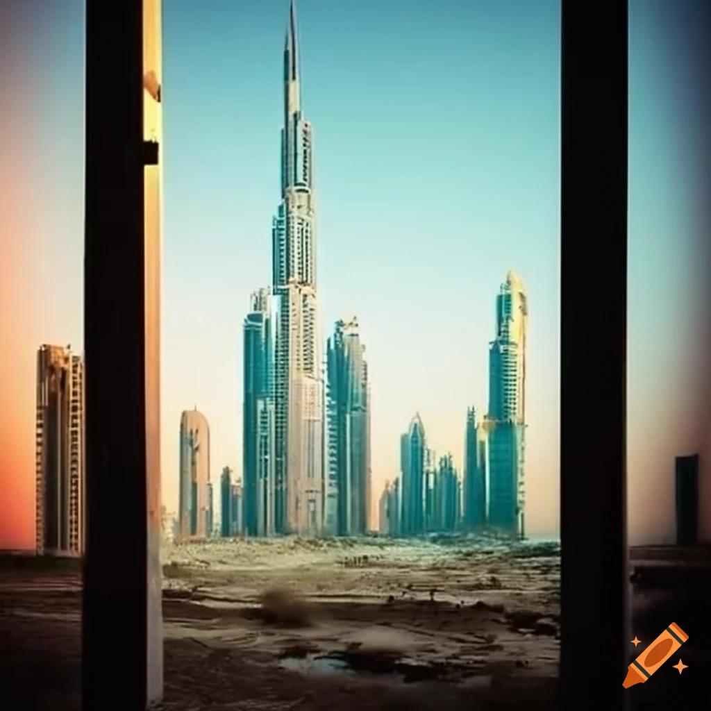 Cityscape of Dubai abandoned and overgrown with trees on Craiyon