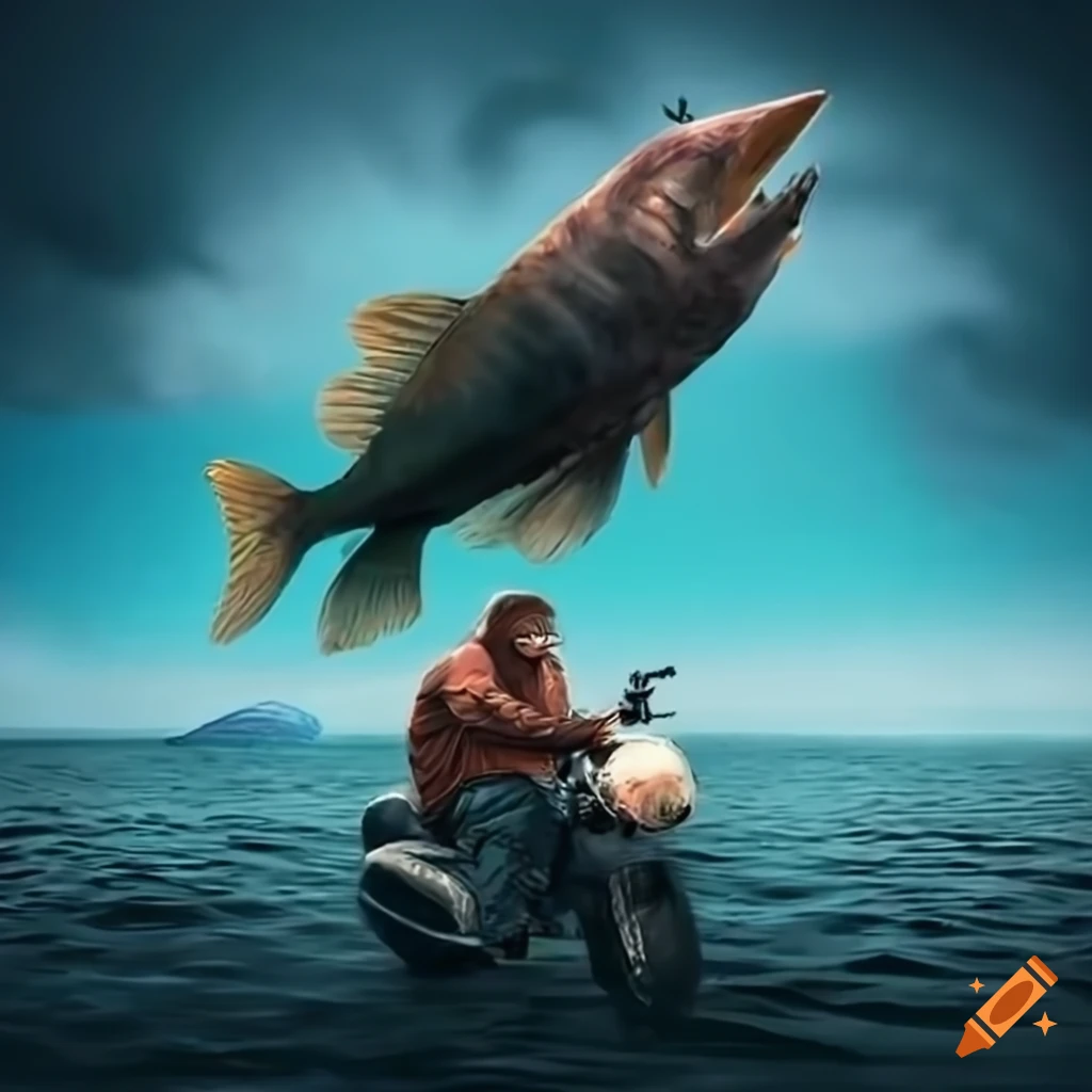 Old man riding a motorcycle and fishing on Craiyon