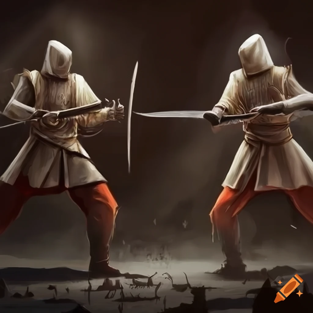 Two fantasy soldiers training with wooden swords