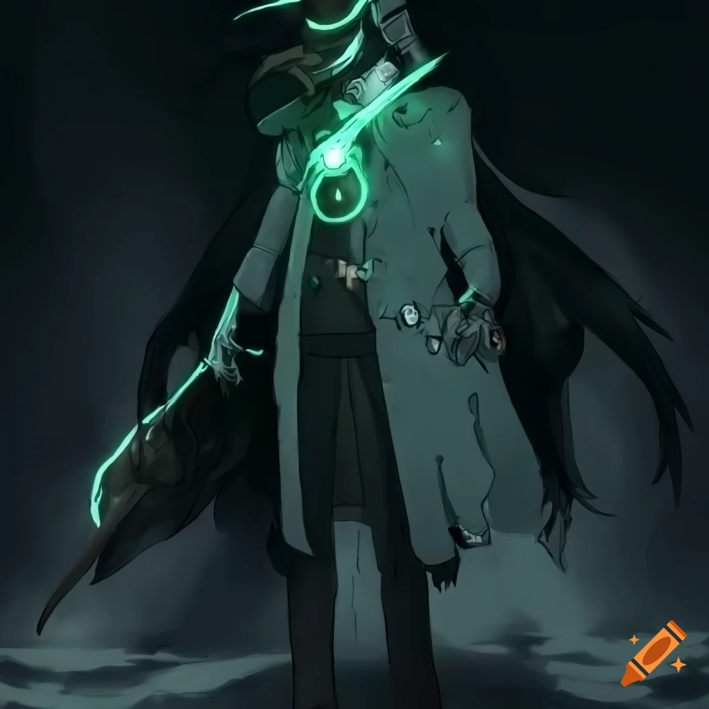 Plague doctor anime character with black wings and green accents on Craiyon