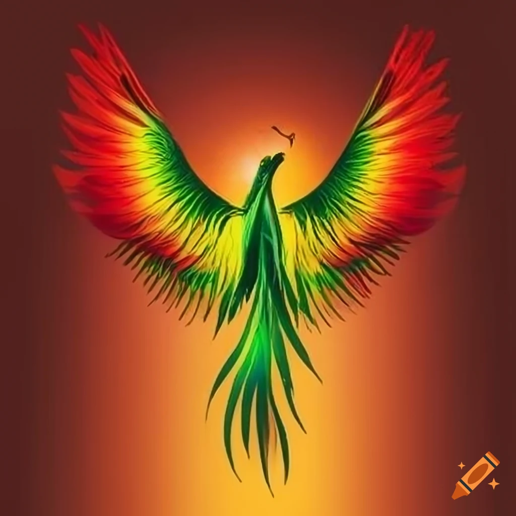 Phoenix with red, yellow and green flag