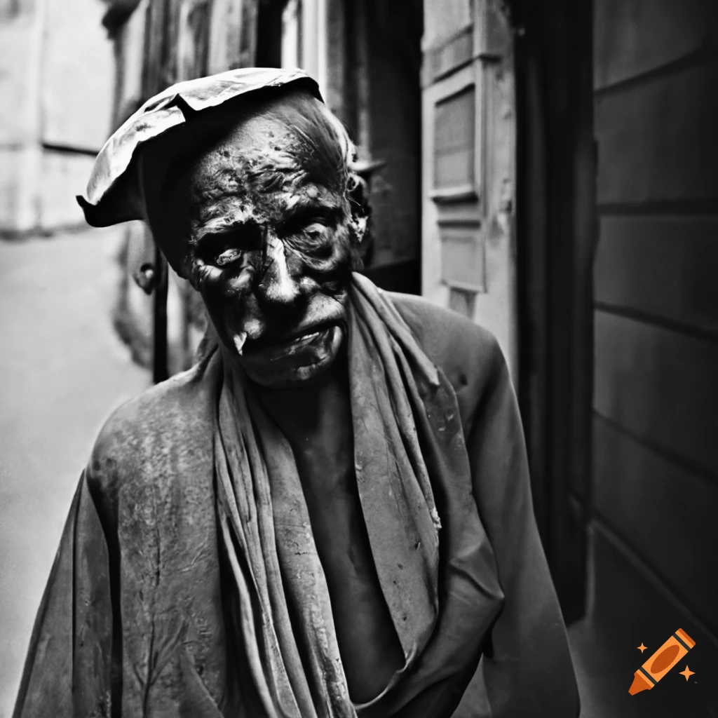 Black and white photo of a poor man in medieval paris