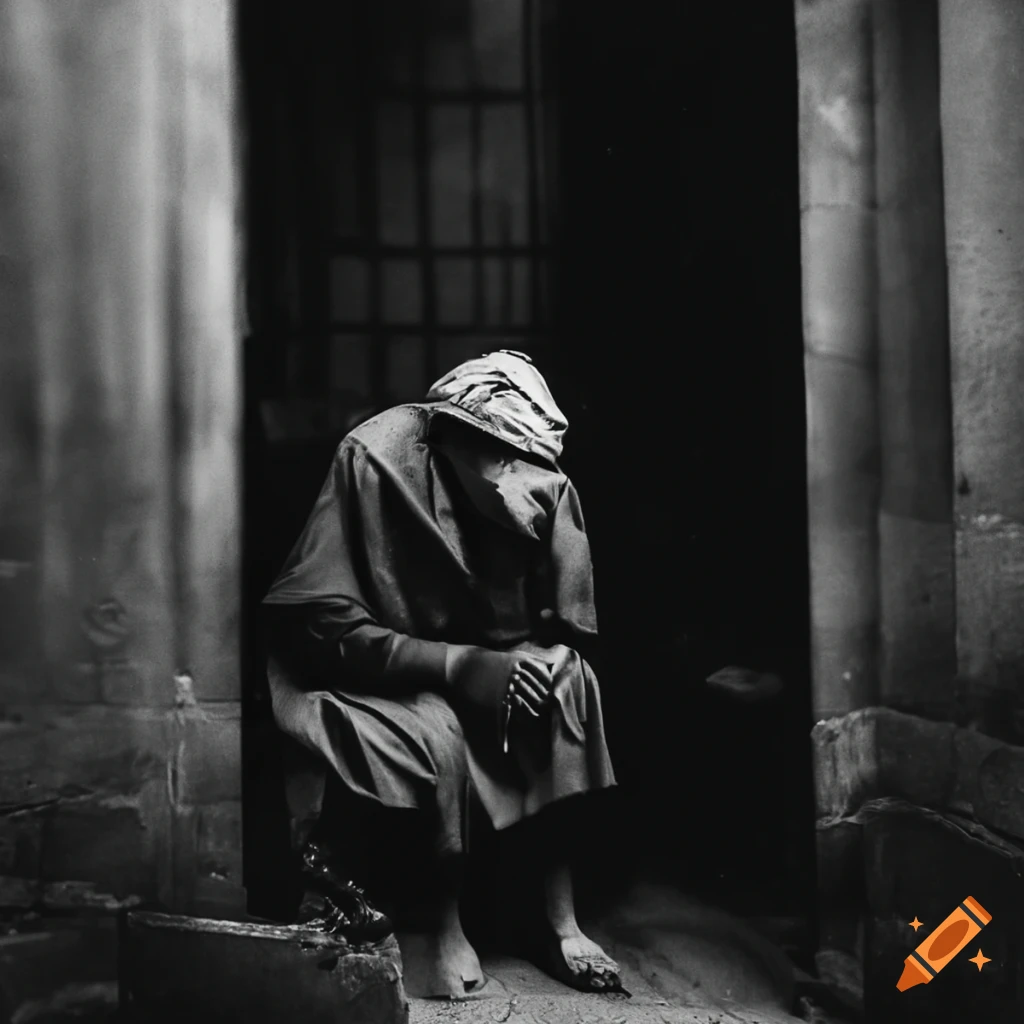 Black and white photo of a poor man in medieval paris