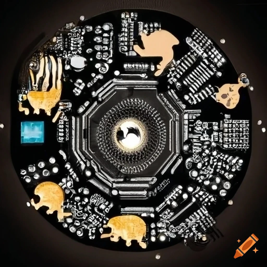 Interconnected animal symbols on a circuit board