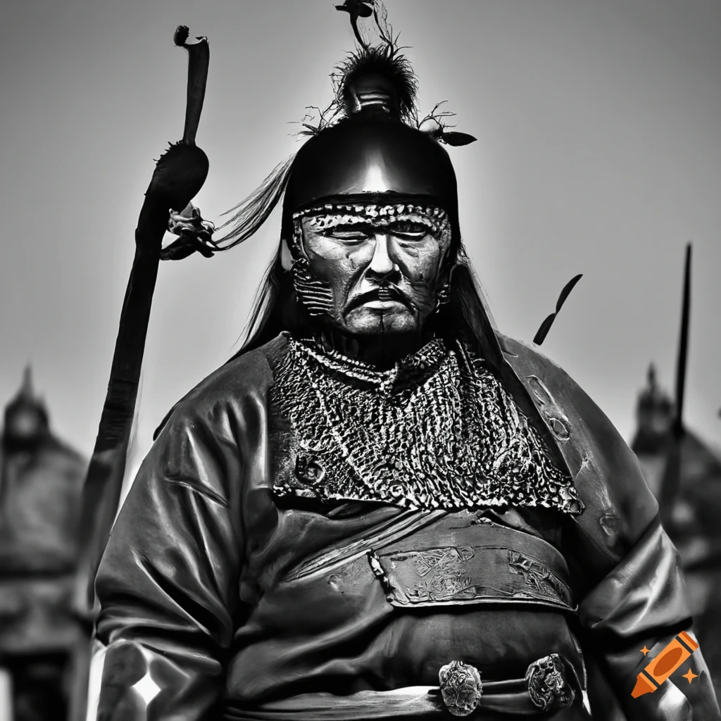 Black and white portrait of a mongol warrior