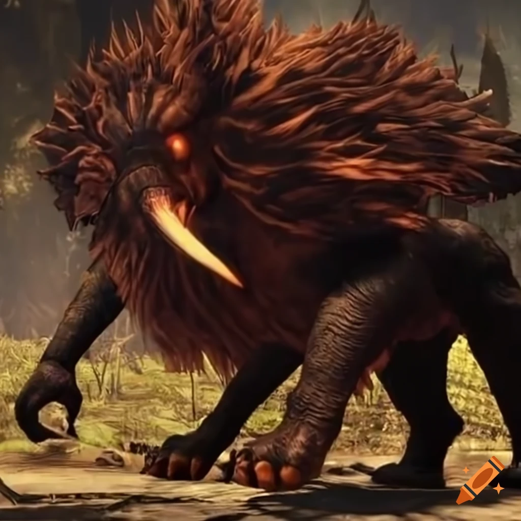 Fierce elephant-lion hybrid in monster hunter on Craiyon