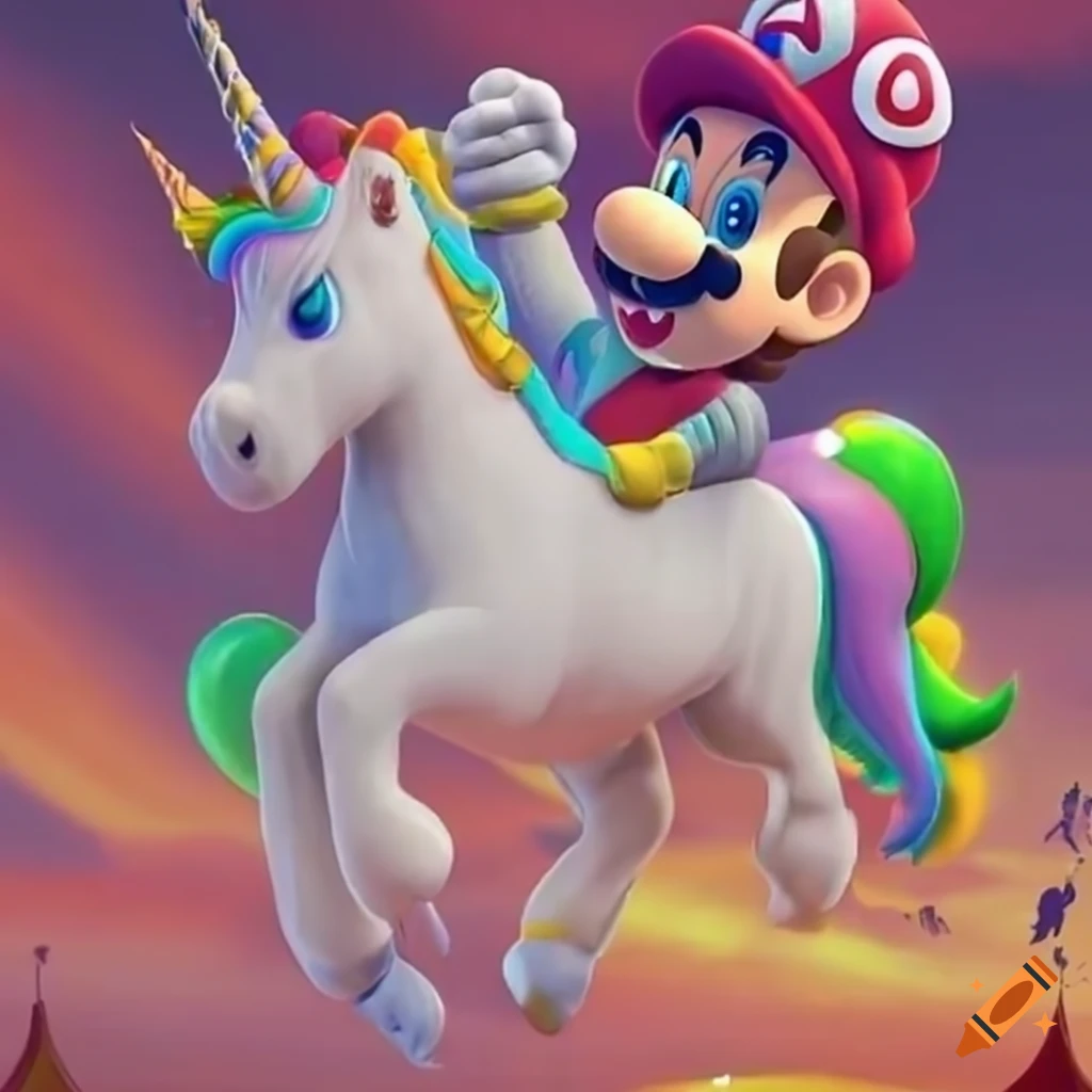 Illustration of super mario riding a unicorn on Craiyon