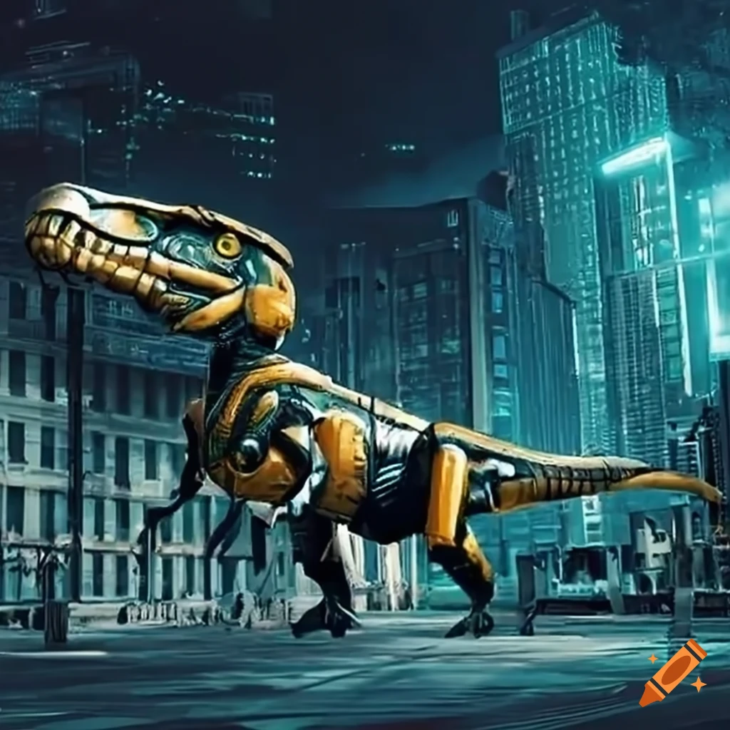 Mechanized robot dinosaur battling in a city