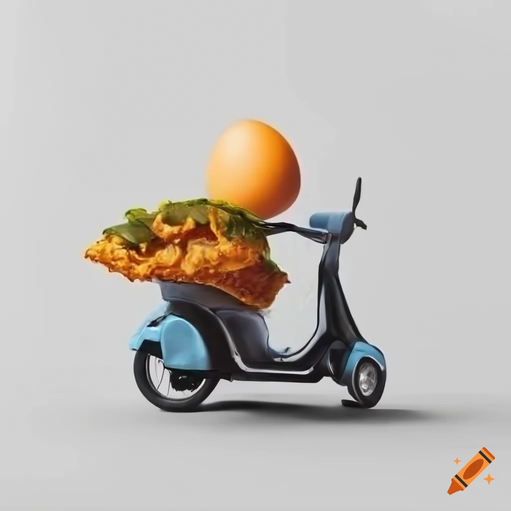 Photo of an egg riding a moped delivering a sandwich