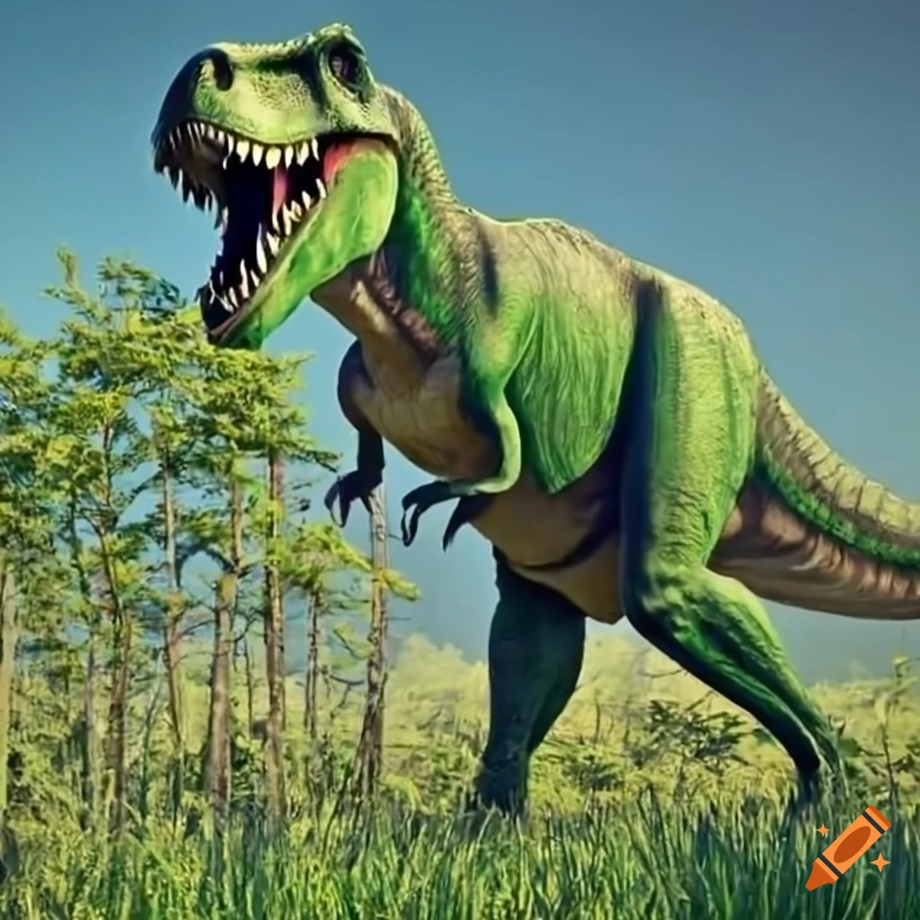 Giant green t-rex in tall vegetation