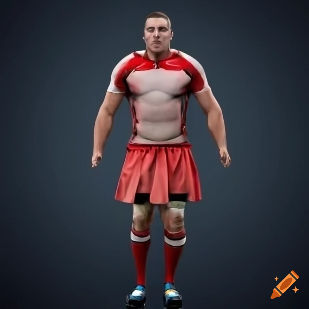 Cyborg rugby player in a colorful skirt