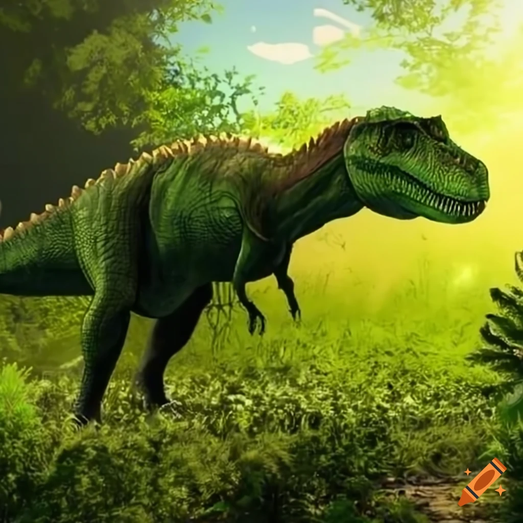 Green t-rex lurking in tall vegetation