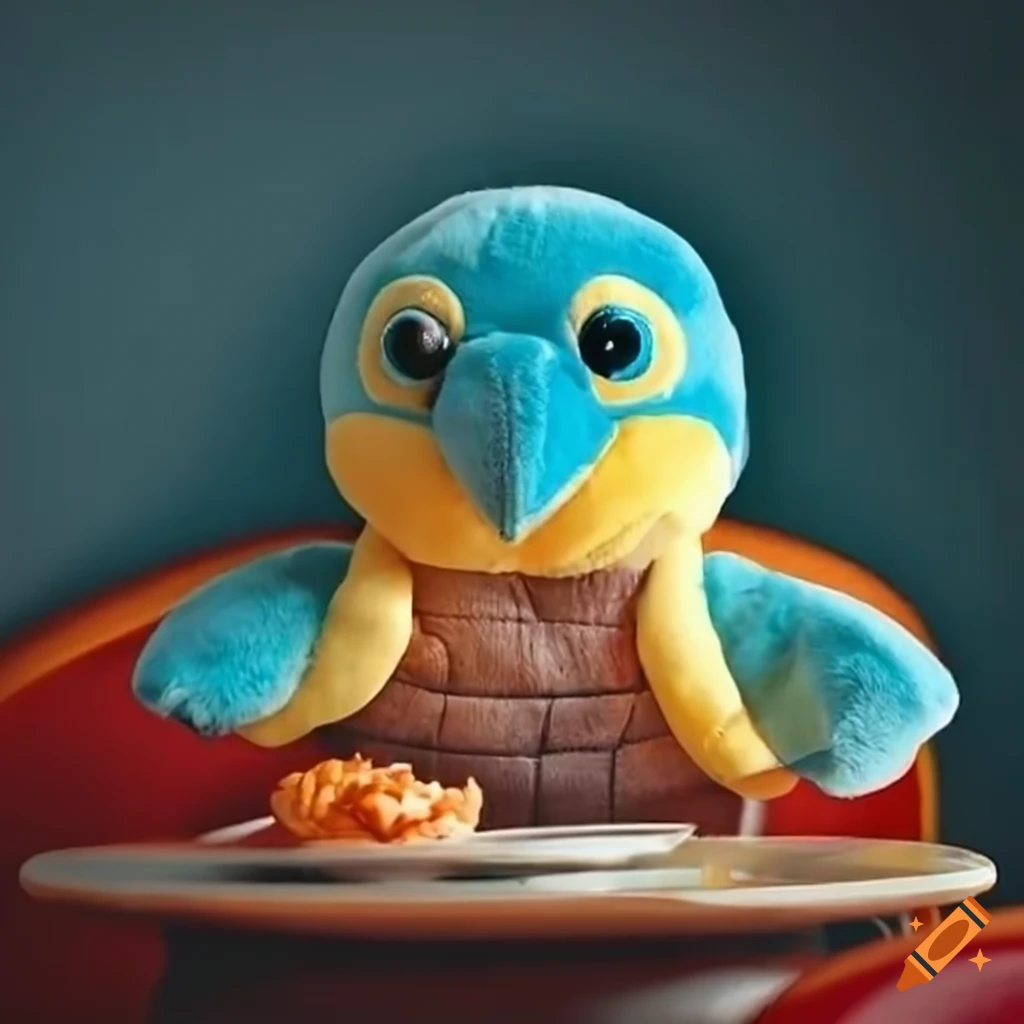 Cute blue turtle plushy eating at a diner