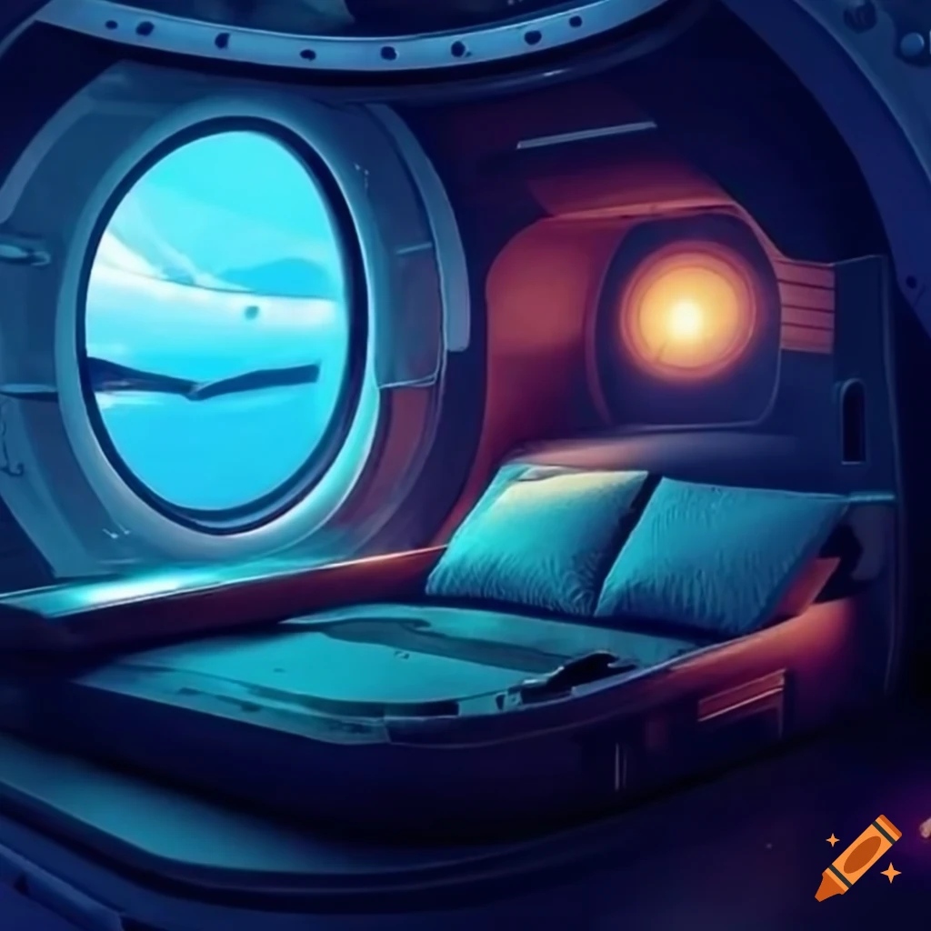 Cozy spaceship cabin with comfortable bed and space view