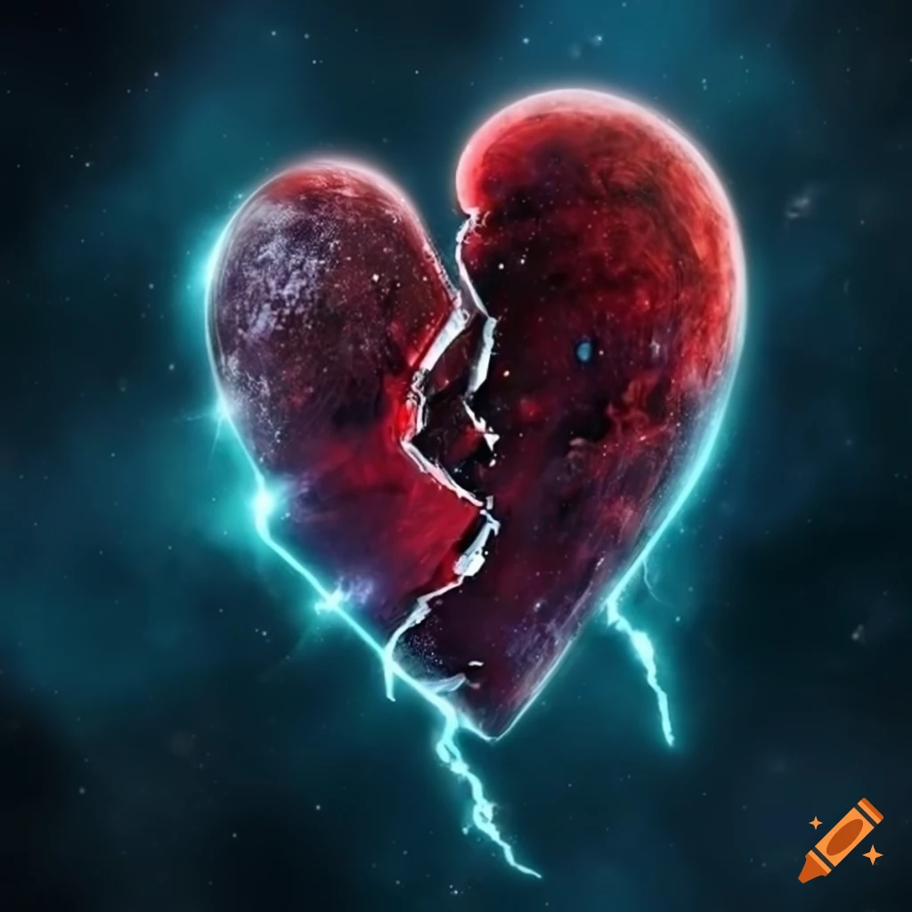 Artistic representation of a broken heart in space on Craiyon