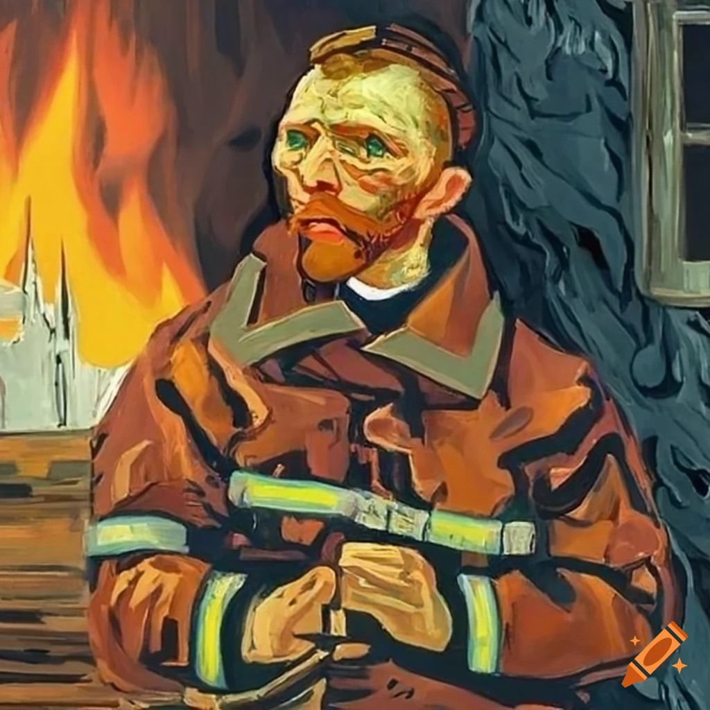 Van gogh style painting of a firefighter in a burning house