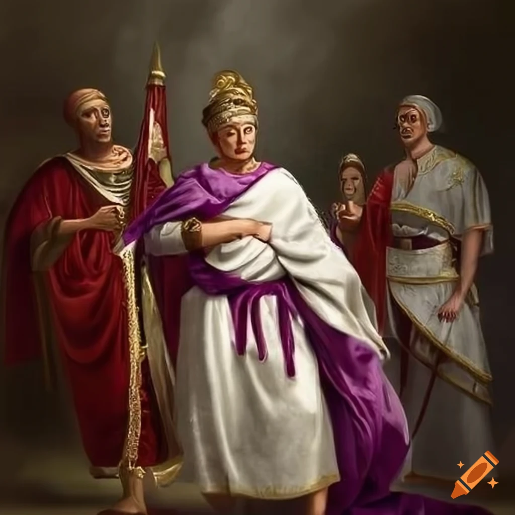 Roman senators in white robes and purple togas on Craiyon