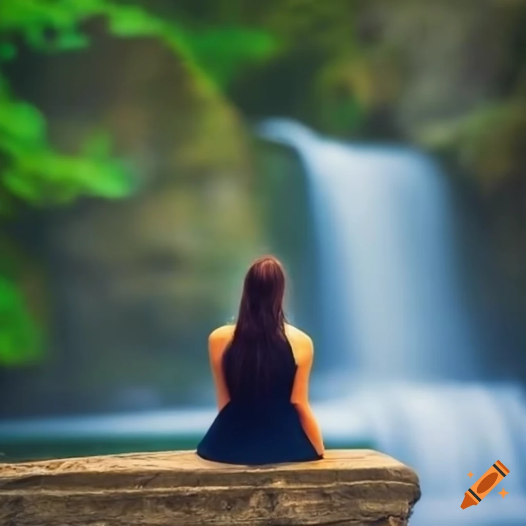Woman enjoying a waterfall