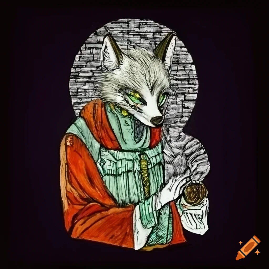 Manga-style illustration of a fox priest with green eyes