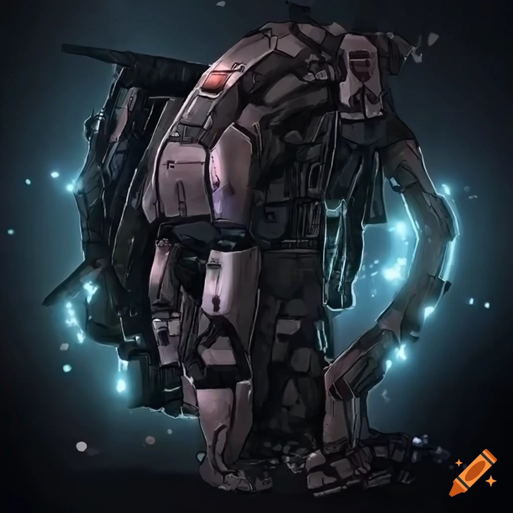 Concept art of a shattered futuristic portal with robotic guardians