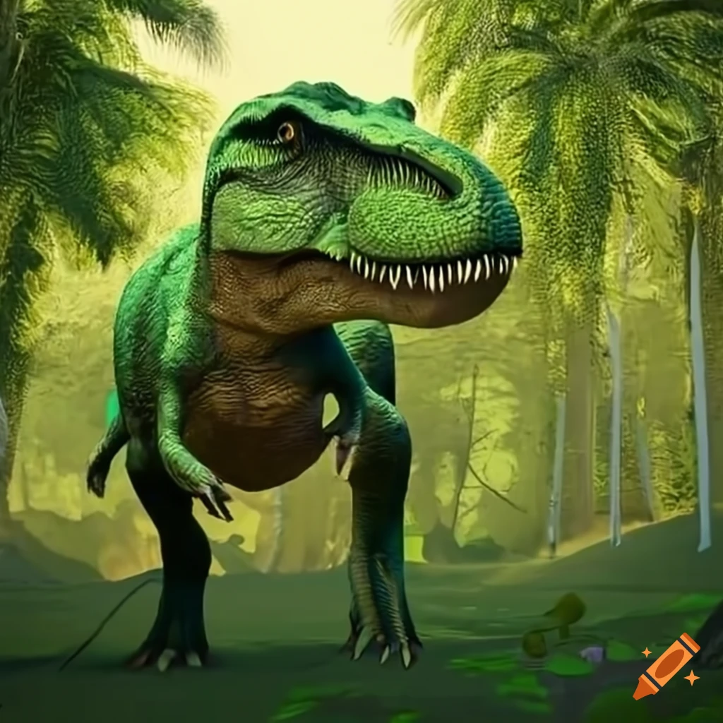 Image of a giant green t-rex in a lush sunny jungle