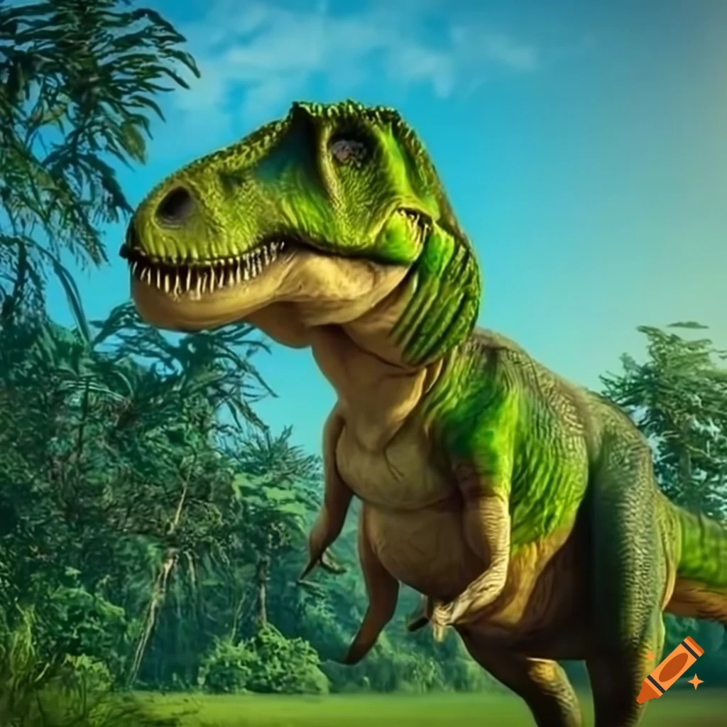 Sunny landscape with a hidden green t-rex on Craiyon