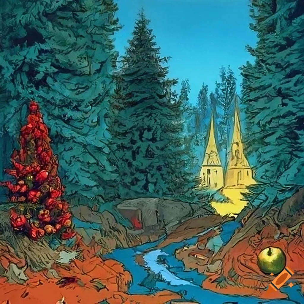Illustration of a golden decorated Christmas tree forest on Craiyon