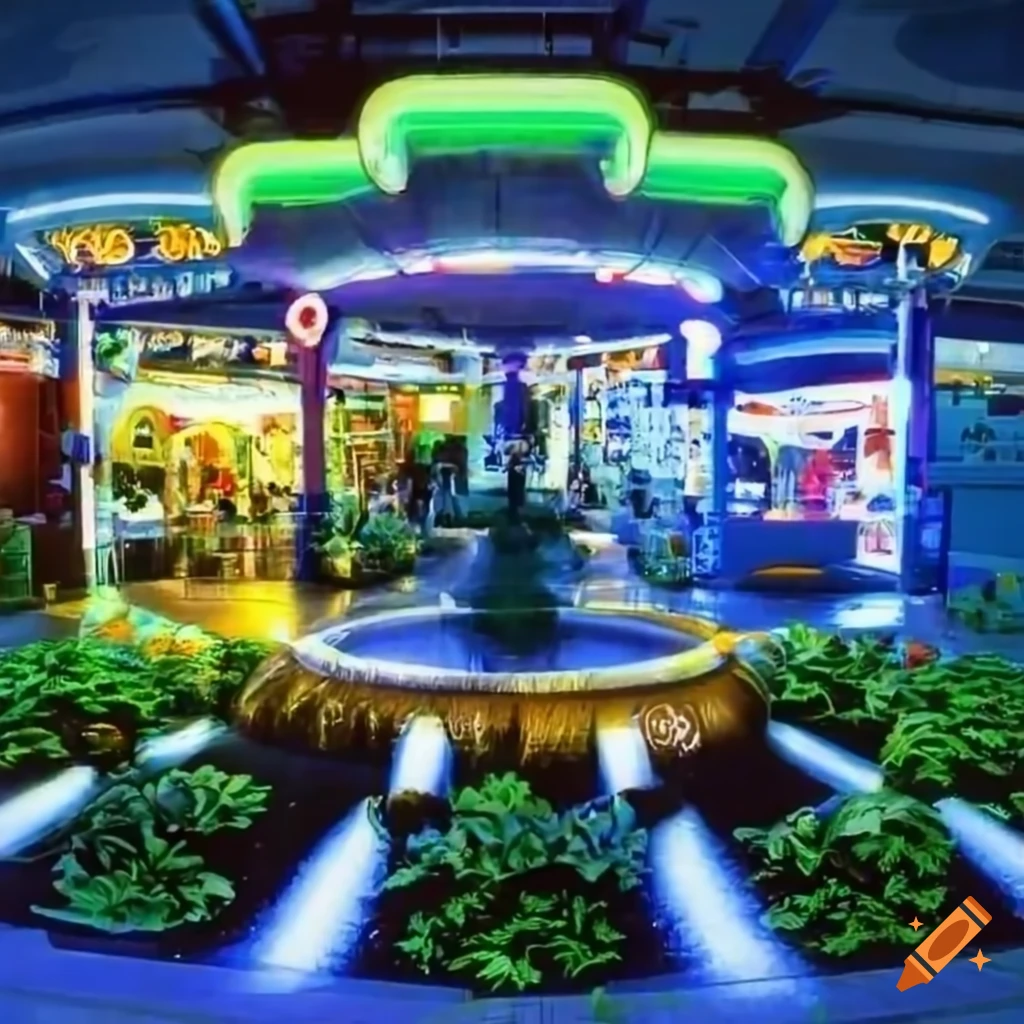Neon-lit mall interior at night with plants and fountain