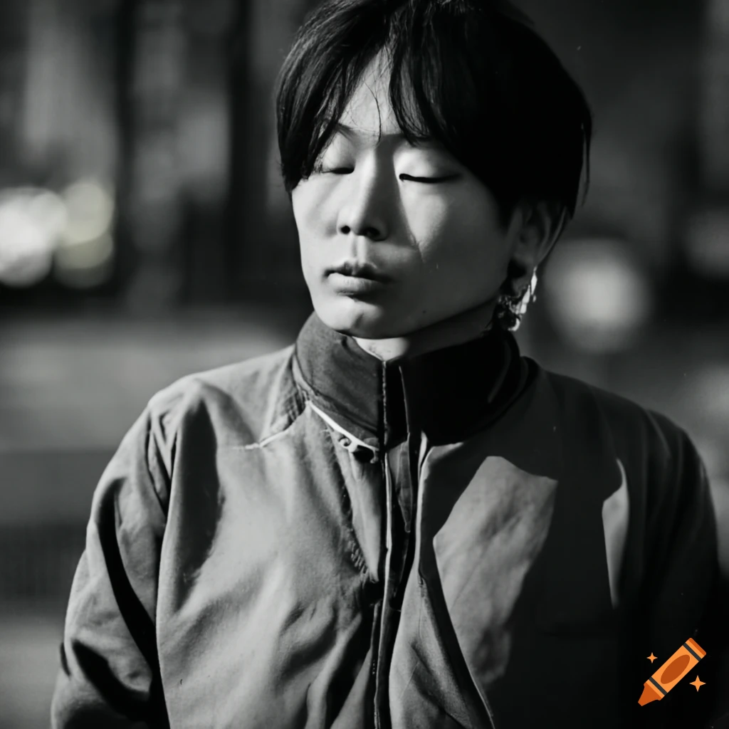 Japanese delinquent man with closed eyes and shoulder-length hair