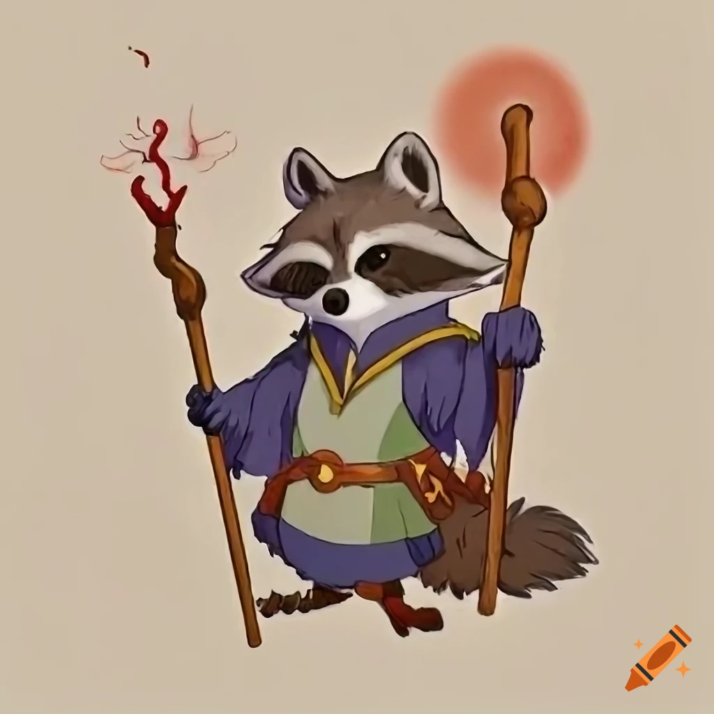 Anime cel-style artwork of a raccoon wizard casting a spell