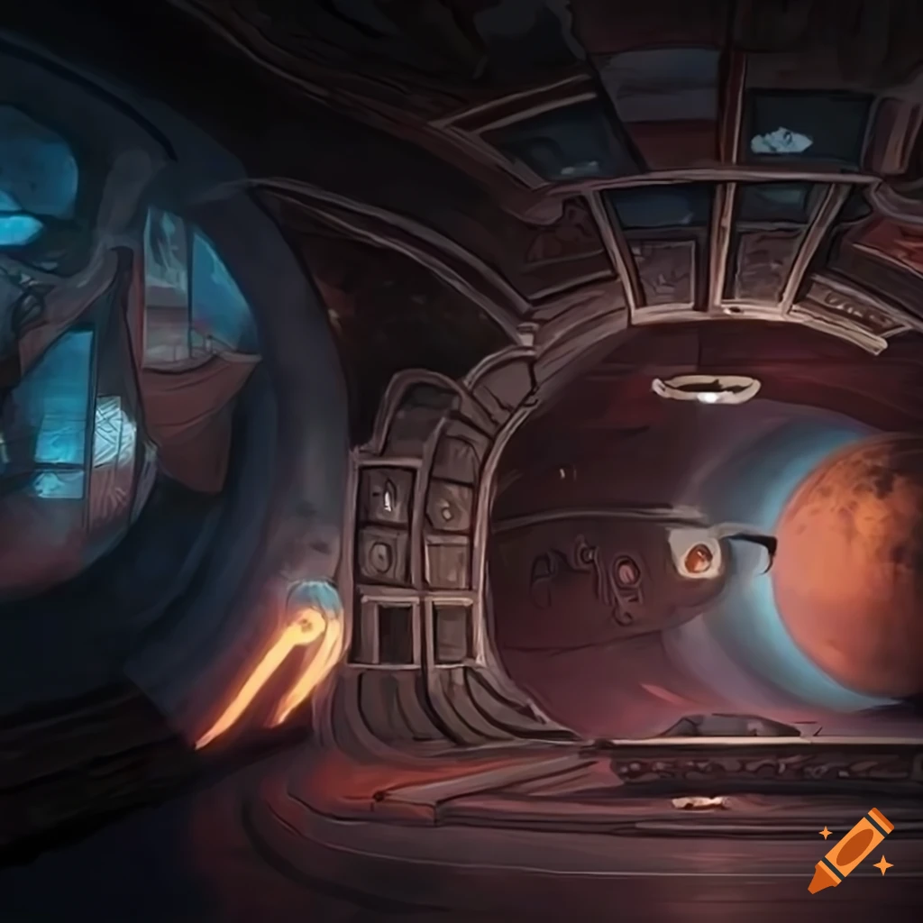 Interior of a space ship with a view of mars