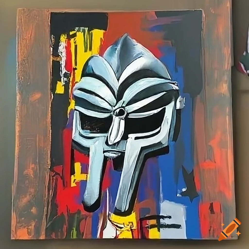 Vibrant painting of mf doom with basquiat symbols
