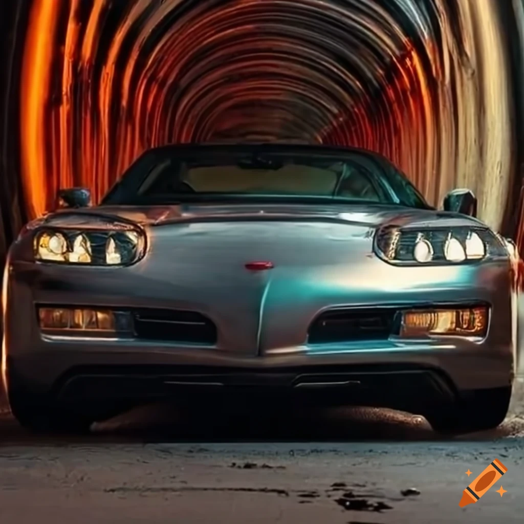 Silver corvette c5 speeding out of a tunnel