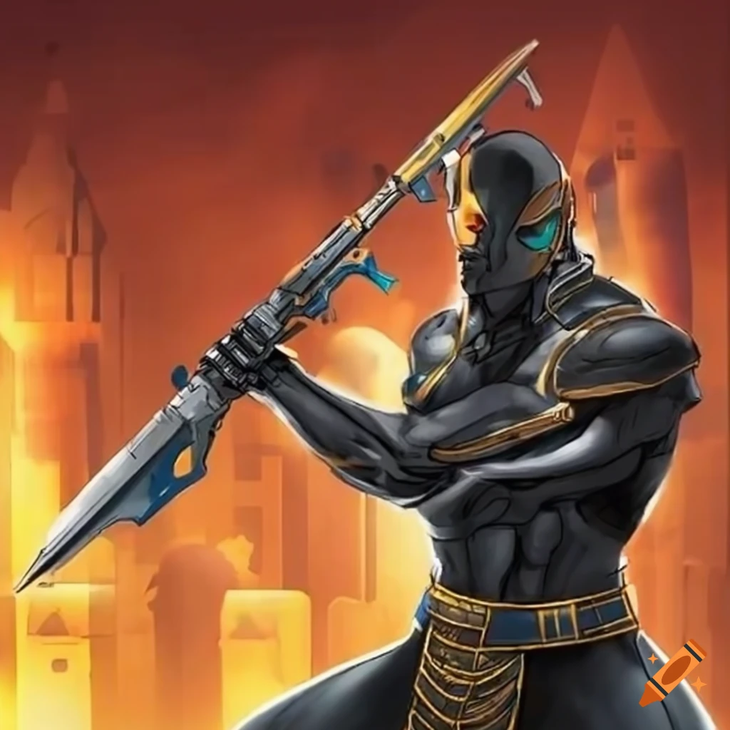 Egyptian superhero with high-tech suit and advanced weaponry