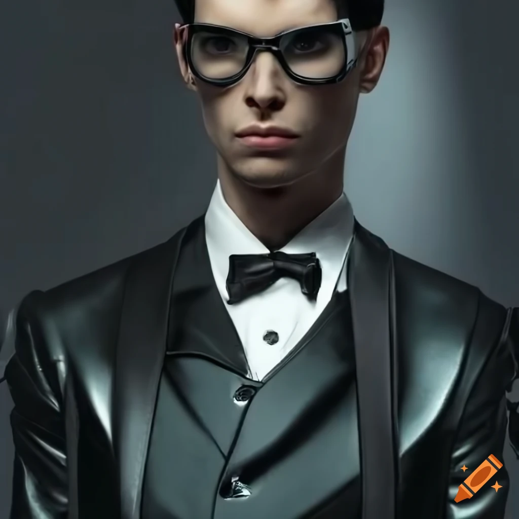 Photorealistic image of a male cyborg in a PVC tuxedo on Craiyon