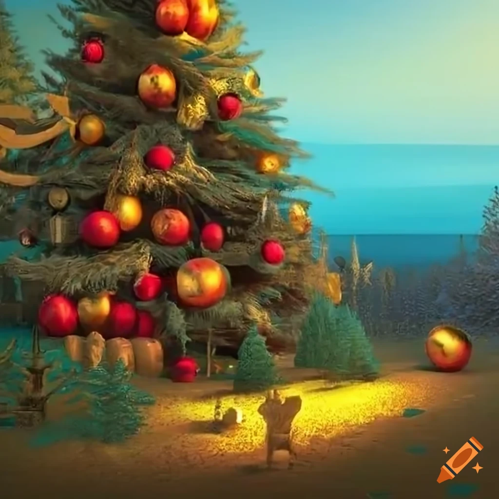 Illustrated panorama of a decorated Christmas tree forest on Craiyon