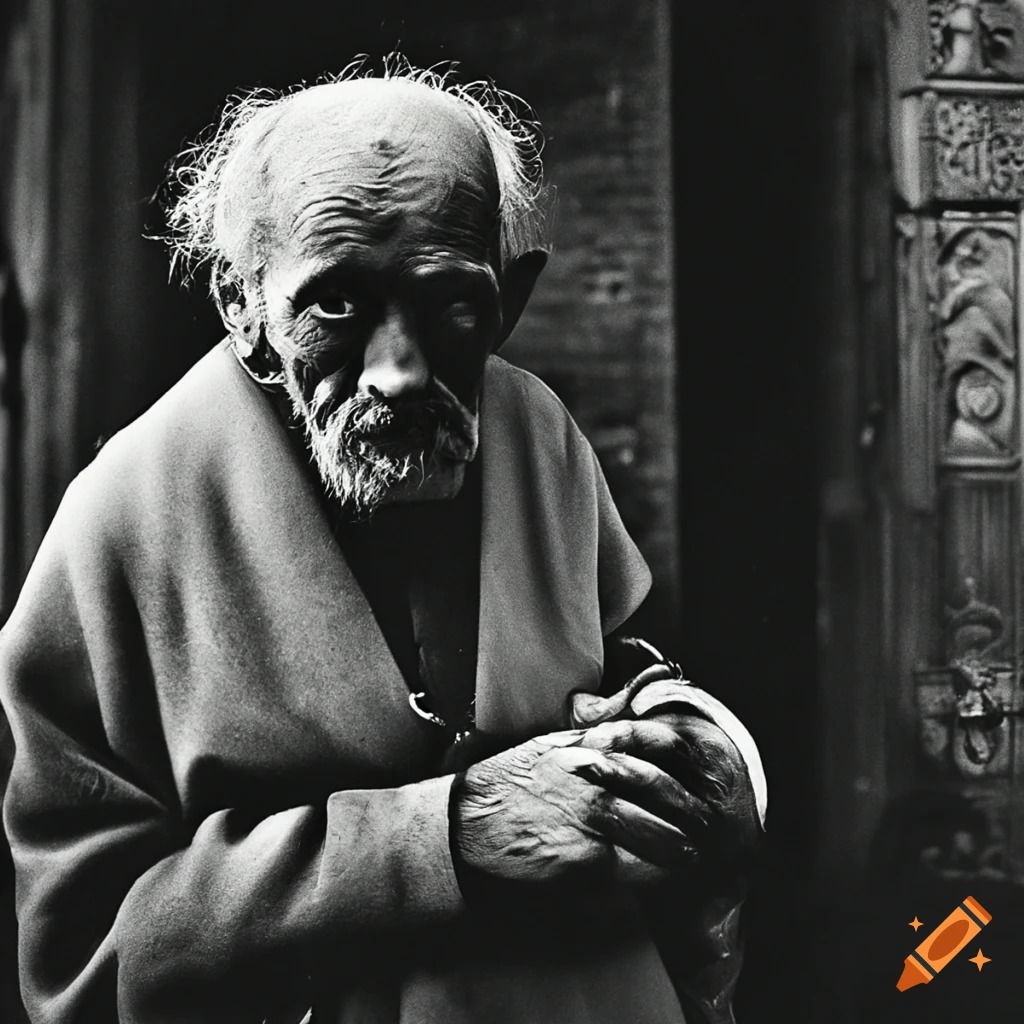 Black and white photo of a poor man in medieval paris