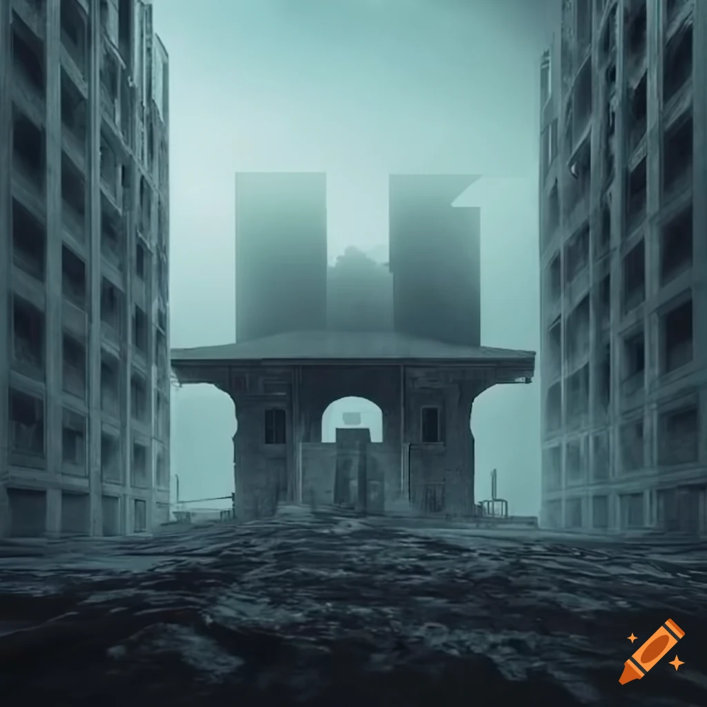 Photorealistic depiction of brutalist architecture in a hellish setting