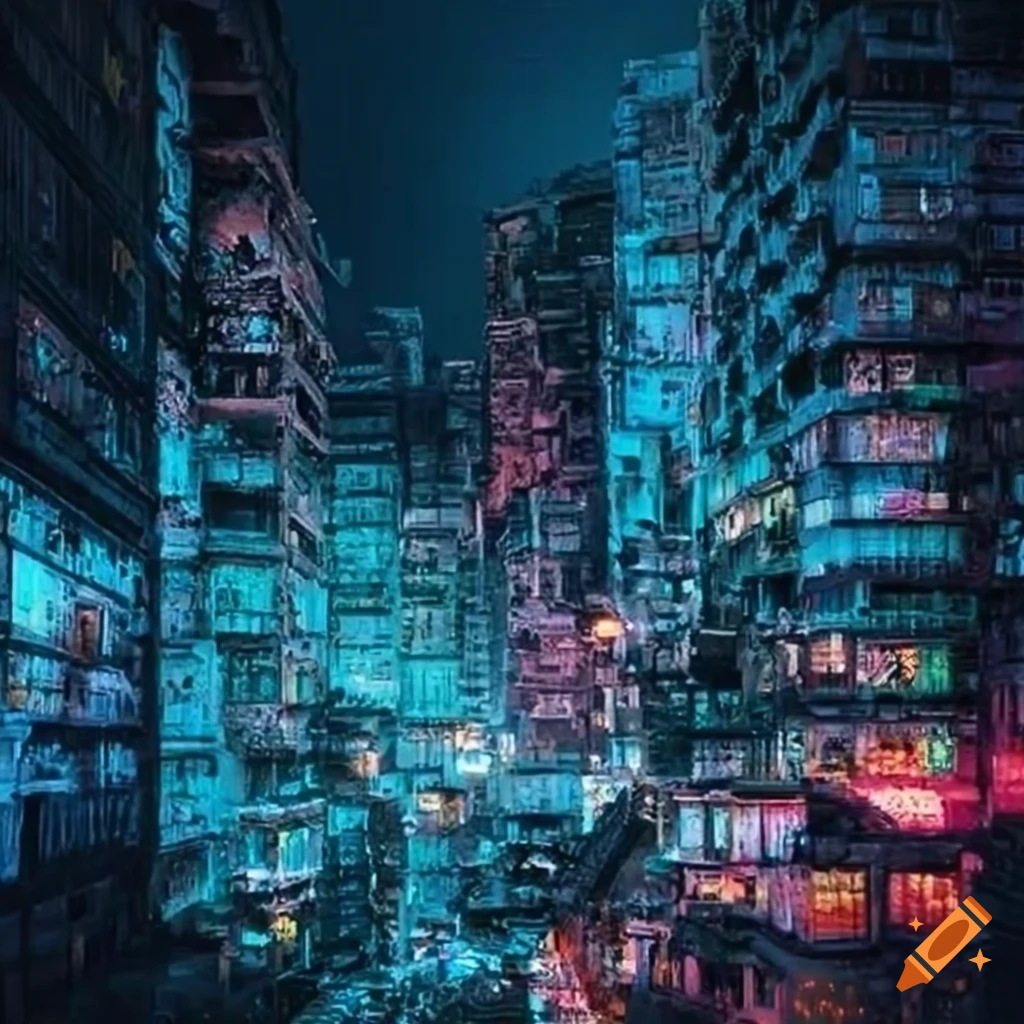 Neon-lit skyline of Kowloon walled city on Craiyon