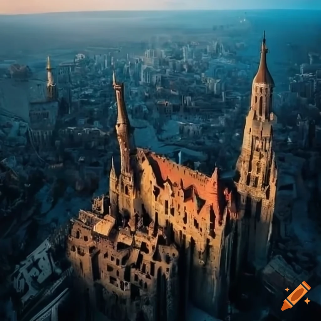 Aerial view of a mythical medieval city