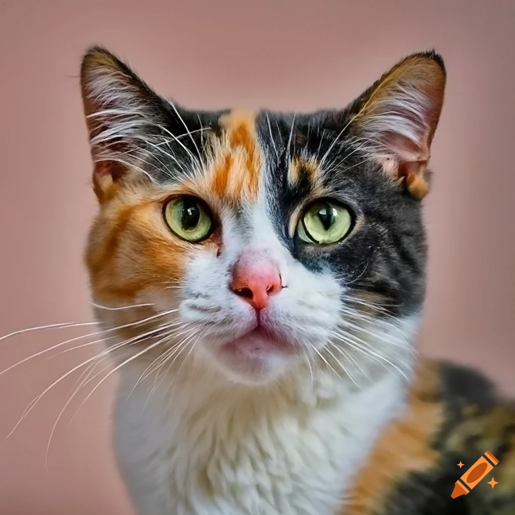Playful calico cat in a pastel room
